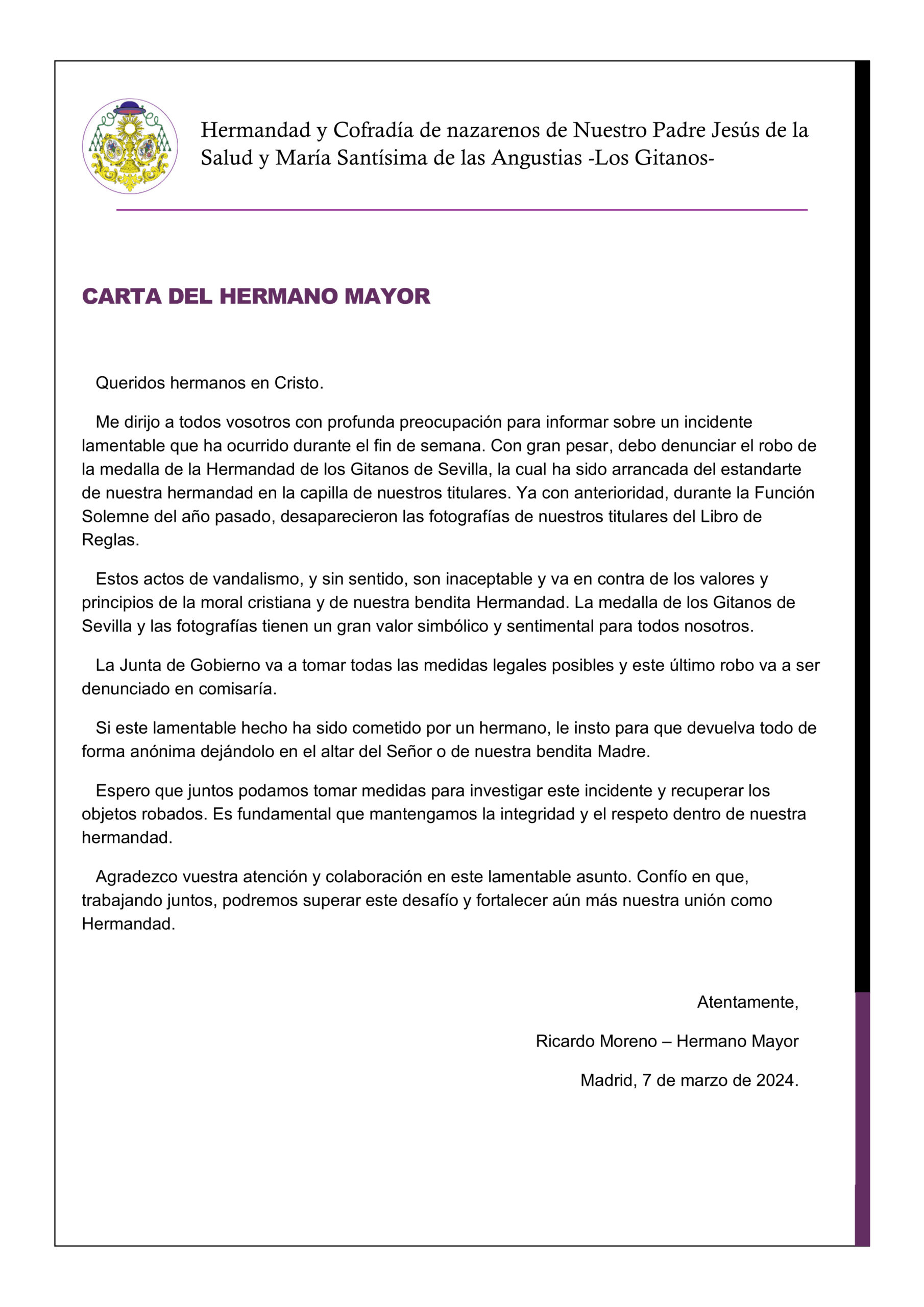 IMPORTANTE: CARTA DE NUESTRO HERMANO MAYOR | Hermandad de Los Gitanos ...